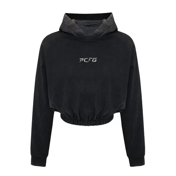 PCFG Black / Grey Acid Washed Crop Hoodie Black - Black/grey