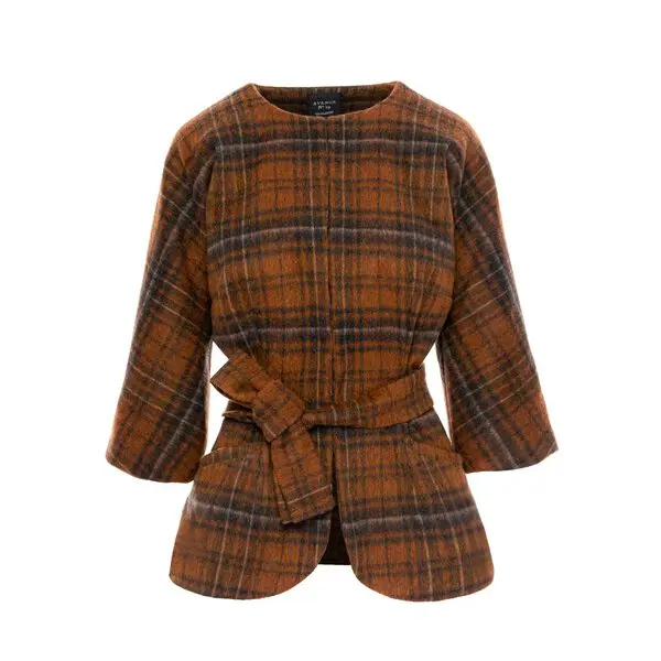 AVENUE N°29 Check Wool Cape With Belt - Brown
