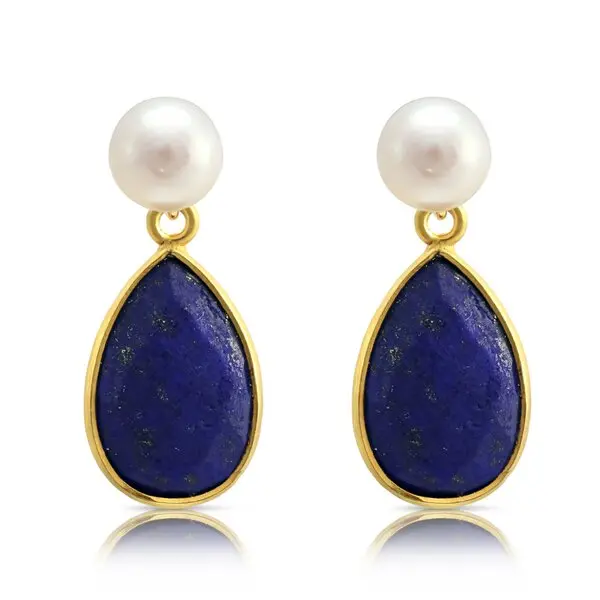 PEARLS OF THE ORIENT ONLINE Blue / White Clara Cultured Freshwater Pearls & Lapis Lazuli Drop Earrings - Blue/white