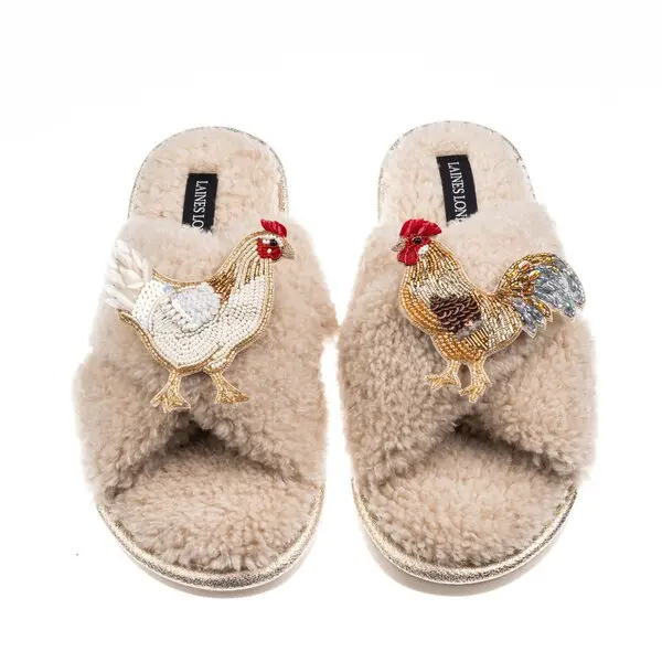 LAINES LONDON Neutrals Laines Neutral Boucle Slippers With Chicken & Rooster Brooches Oatmeal - Brown