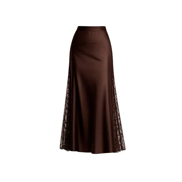TANTRA SPAIN SL A-line Satin Midi Skirt With Side Slits And Lace, Elastic Waistband - Brown