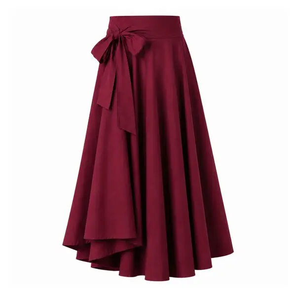 NIKKA PLACE Summer A-line Midi Skirt With Bow In Burgundy Color - Red