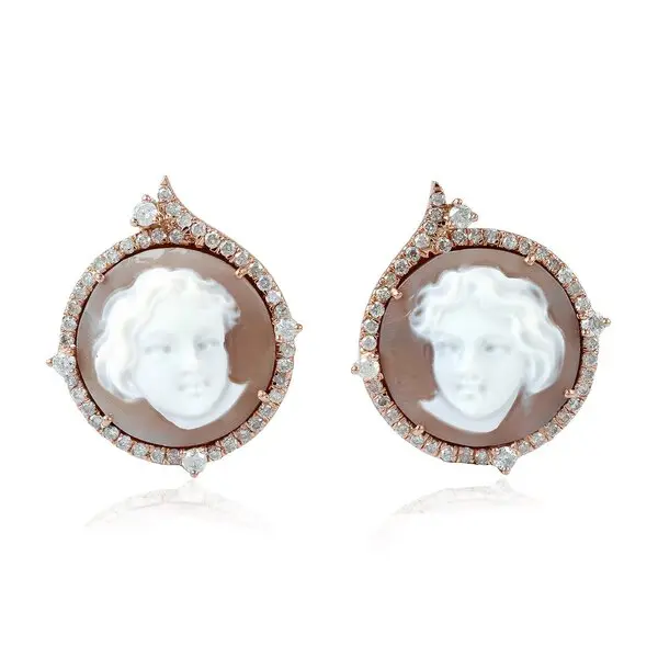 ARTISAN White / Pink Round Cameo Diamond Stud Earrings In 18k Rose Gold - White/pink