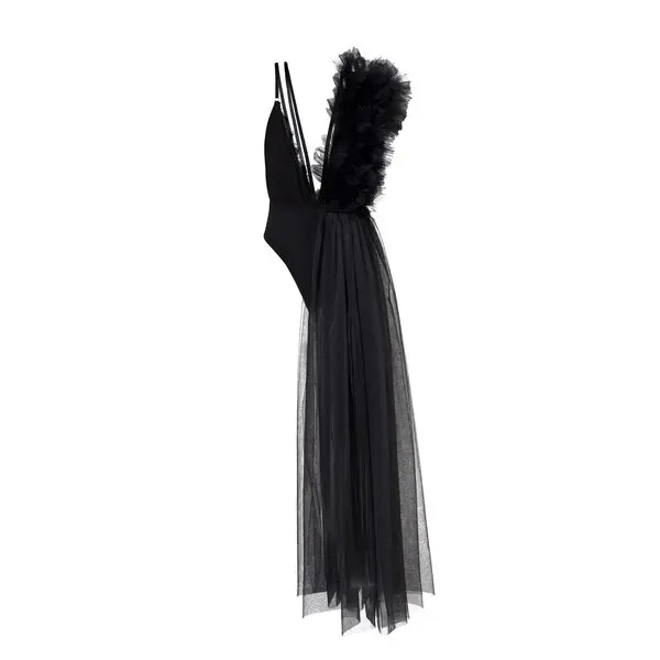 LIA ARAM Lace Deconstructed Ruffled Bodysuit - Black