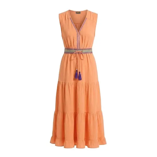 LALIPOP DESIGN Terracotta Muslin Sleeveless Belted Midi Dress - Orange