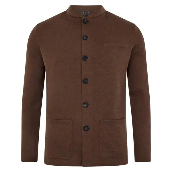 PAUL JAMES KNITWEAR Extra Fine Merino Wool Alonzoo Knitted Nehru Jacket Oak - Brown