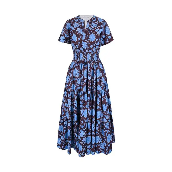 ECHO OF PINK Blue / Brown Evelyn Hand Block Print Maxi Cotton Tiered Dress - Blue/brown