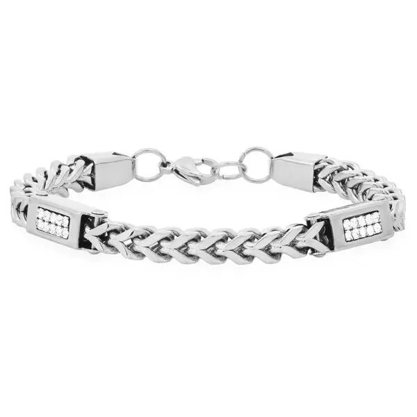 STEELTIME Stainless Steel 8mm Wheat Chain Bracelet With Cz Links 8.5 Inch - Silver