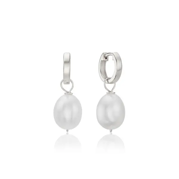 LILY & ROO Plain Huggie Pearl Drop Hoop Earrings - Silver