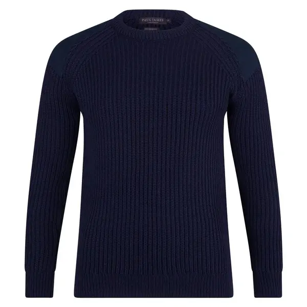 PAUL JAMES KNITWEAR Chunky British Wool Hardy Ribbed Shooting Jumper Navy - Blue