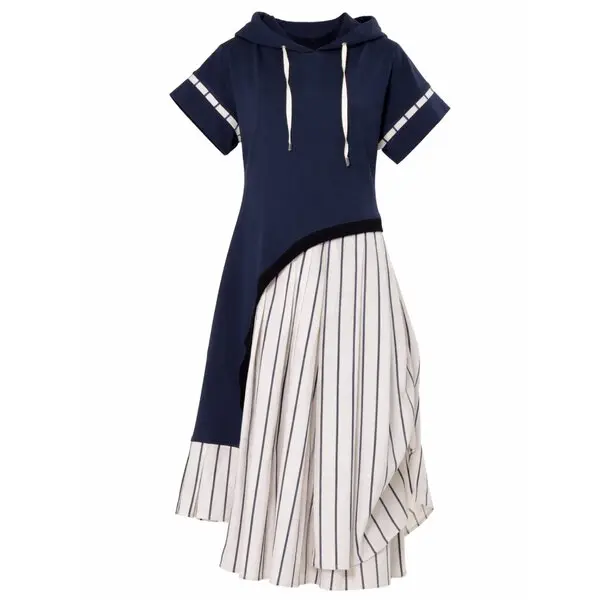 METAMORPHOZA Hooded Asymmetric Dress With Striped Skirt - Blue