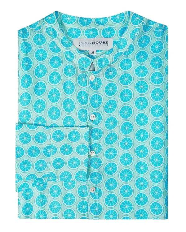 PINK HOUSE Linen Collarless Shirt Lime Slice - Blue