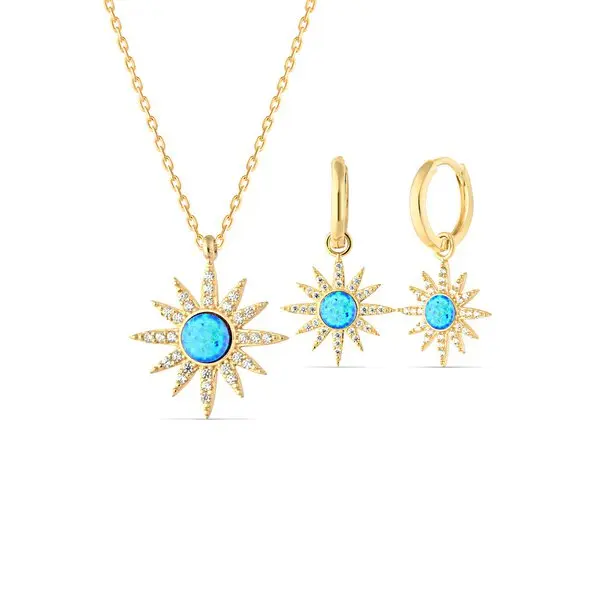 SPERO LONDON Blue Opal Sun Sterling Silver Necklace & Earring Set - Gold