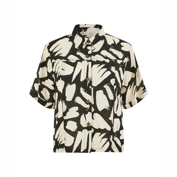 YUMI Cotton Splash Print Relaxed Fit Shirt - Black