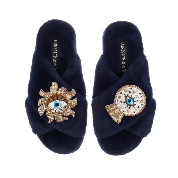 LAINES LONDON Classic Slippers With Mystic Eye Brooches