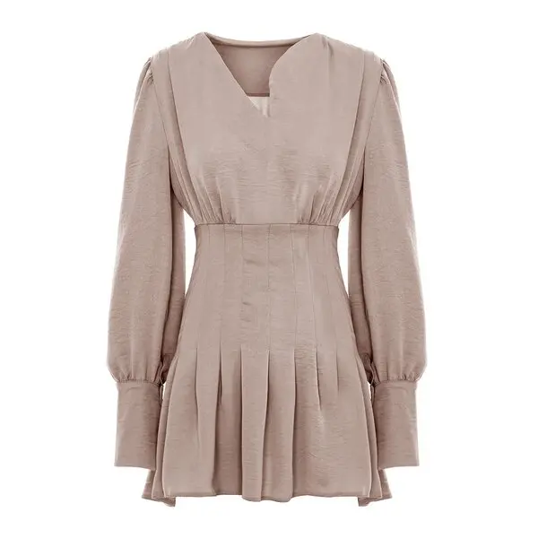 BLUZAT Neutrals Mini Dress With Pleats And Asymmetrical Cut Neck - Beige