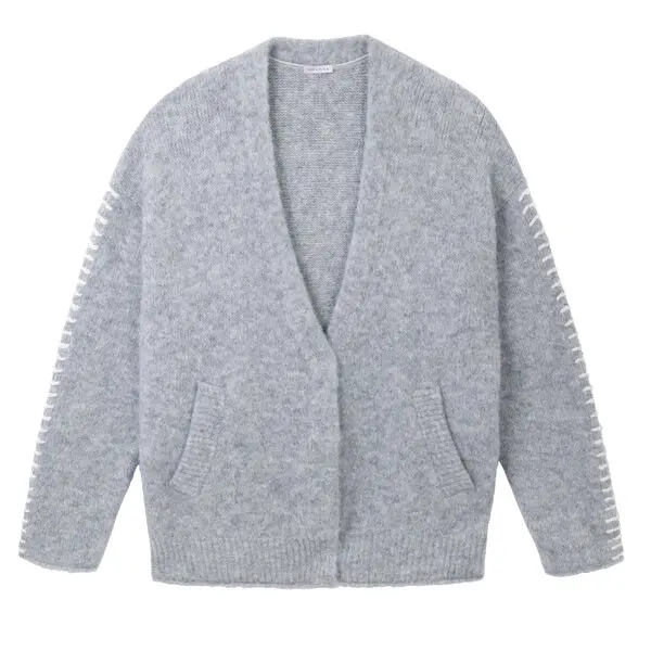 MAMU DREAM Soft Marl Alpaca Blend Cardigan With Ivory Stitch Detail - Grey