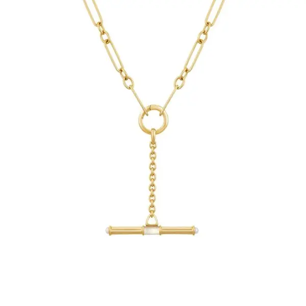 DINNY HALL White / Gold Mother Of Pearl Gold Lariat T-bar Necklace - White/gold