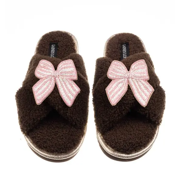 LAINES LONDON Neutrals Laines Neutral Boucle Slippers With Pink Stripe Bow Brooches Chocolate - Brown