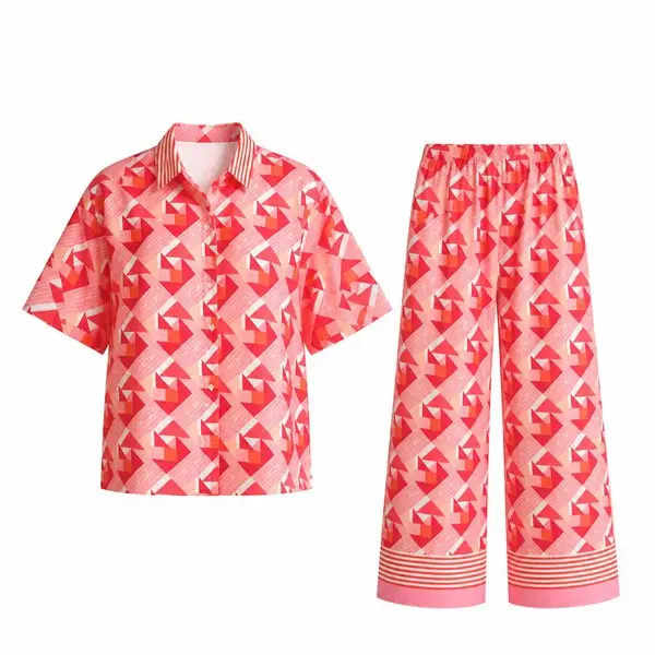 Loveist Store Coral Geometric Co-ord Set – Relaxed Fit Shirt & Wide-leg Trousers - Orange