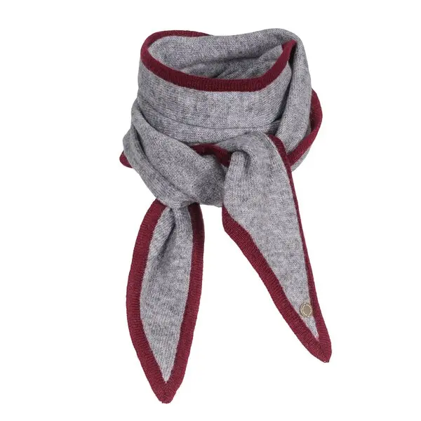 TIRILLM Ayla Small Neck Scarf In Soft Pure Cashmere, Melange With Burgundy Trimming - Grey