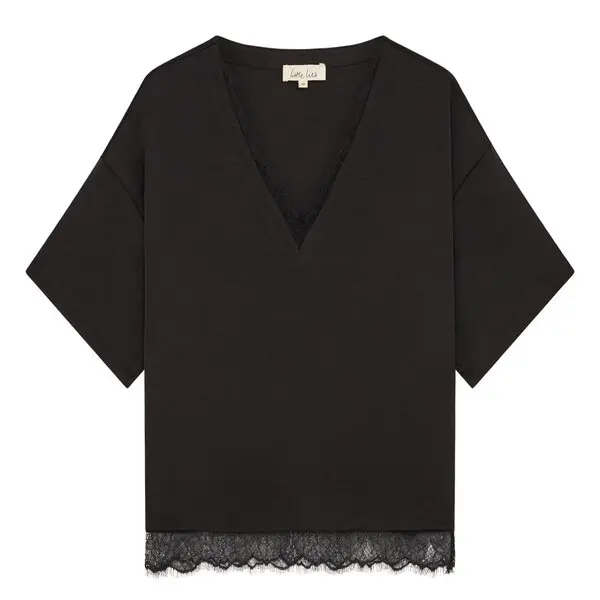 LITTLE LIES Roxy Lace Trim Satin Tee - Black