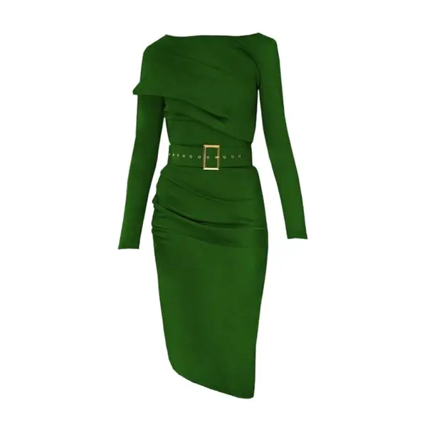 ALINA CERNATESCU Slide Midi Cocktail Dress With Asymmetric Skirt And Textile Belt - Green