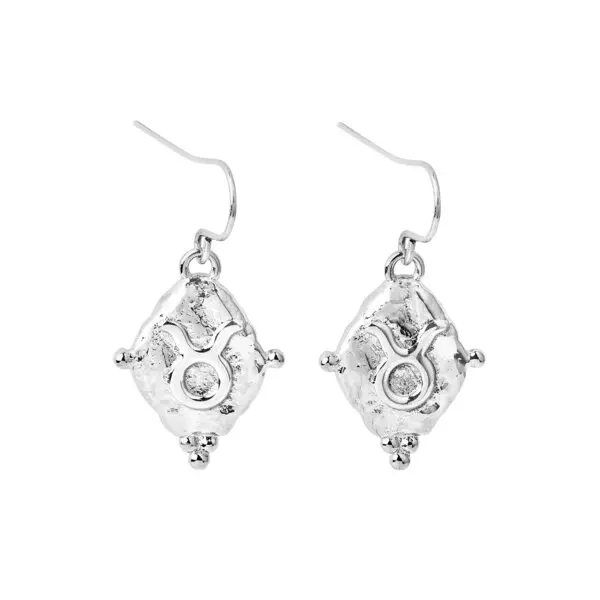 SEVEN SAINTS Taurus Vintage-style Dangle Earrings, White Rhodium Plated - Silver