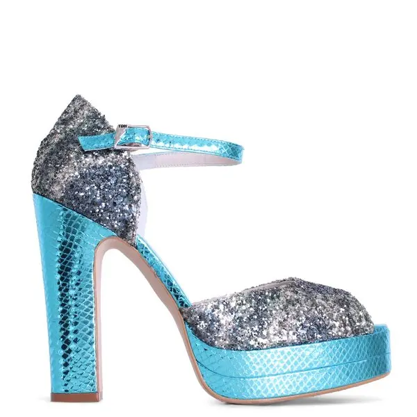 TERRY DE HAVILLAND Lena Crystal Platform Block Heel - Blue