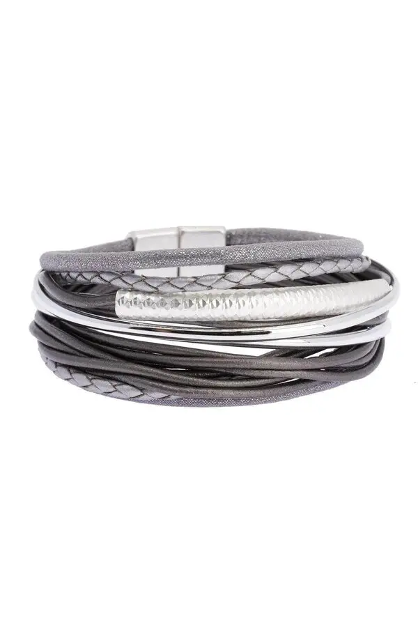 Saachi Multi Strand Shimmer Leather Bracelet - Grey