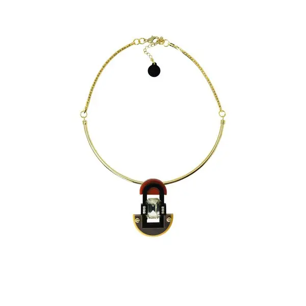 GISSA BICALHO Handmade Acrylic Necklace Pendant Deco Mirror Rectangular Stone Mustard - Brown