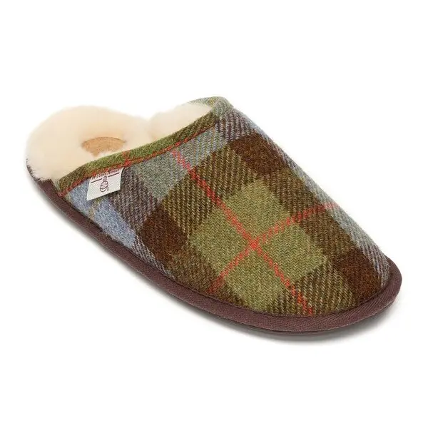 BEDROOM ATHLETICS William Harris Tweed Sheepskin Lined Mule Slippers Chocolate / Green Check - Brown