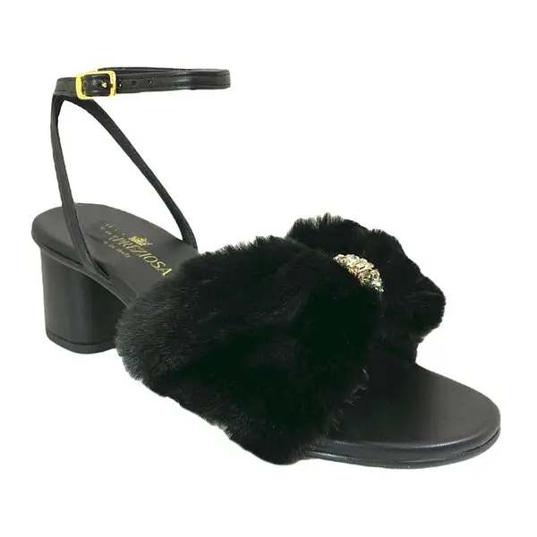 DAMAPREZIOSA Camilla Sandal In Faux Fur With Crystals - Black