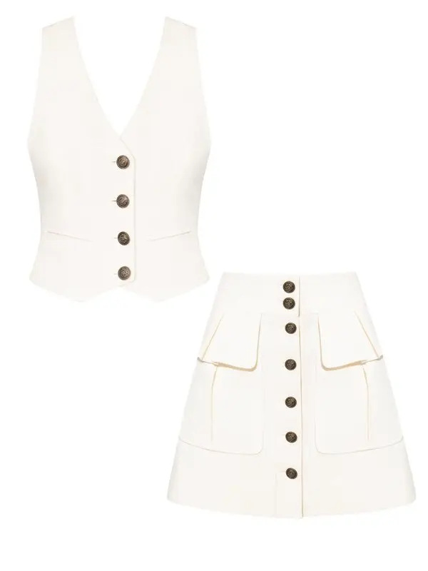 TIA DORRAINE Single-breasted Vest & Cargo Mini Skirt Linen Set