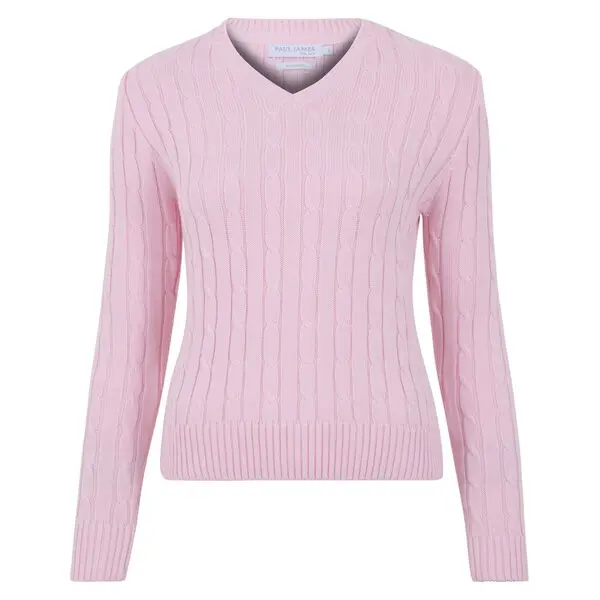 PAUL JAMES KNITWEAR Cotton Talulah Cable V Neck Jumper - Pink