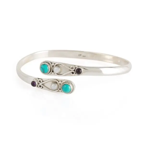 CHARLOTTE'S WEB JEWELLERY Sarisha Spirit Adjustable Bangle Turquoise, Pearl & Amethyst - Silver