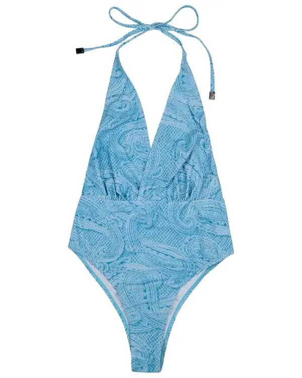 LORDS OF HARLECH Xena Crochet Paisley Teal Halter One-piece Swimsuit - Blue