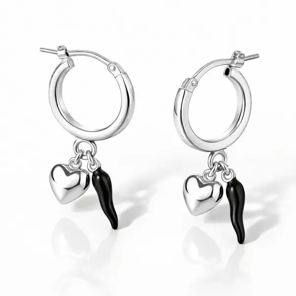 UNALOE Black / Silver Hoop Earrings In Sterling Silver – Heart & Black Horn - Black/silver