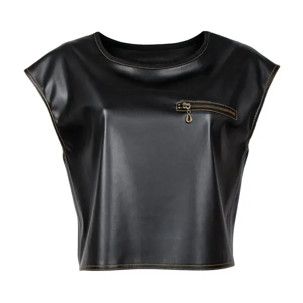LALIPOP DESIGN Sleeveless Blouse With Vegan Leather Finish & Zipper Detail - Black