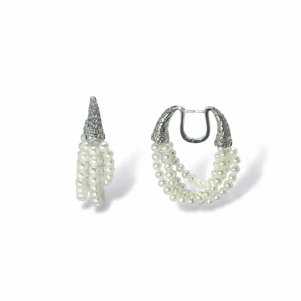 NINEMOO Layered Pearl Horn Hoop Earrings - Silver
