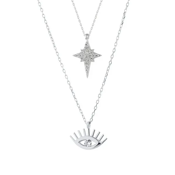 SPERO LONDON White Eye Evil Eye & Northern Star Starburst Sterling Necklace Layering Set - Silver