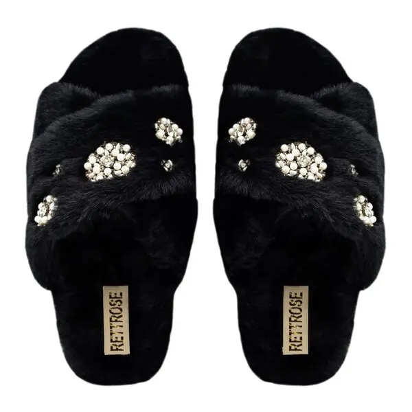 RETTROSE Juliette Luxury Plush Diamanté Embellished Handmade Slipper - Black