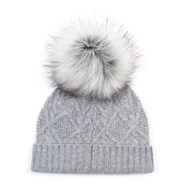 BEL CASHMERE Cable Cashmere Hat With Pon Pon - Grey