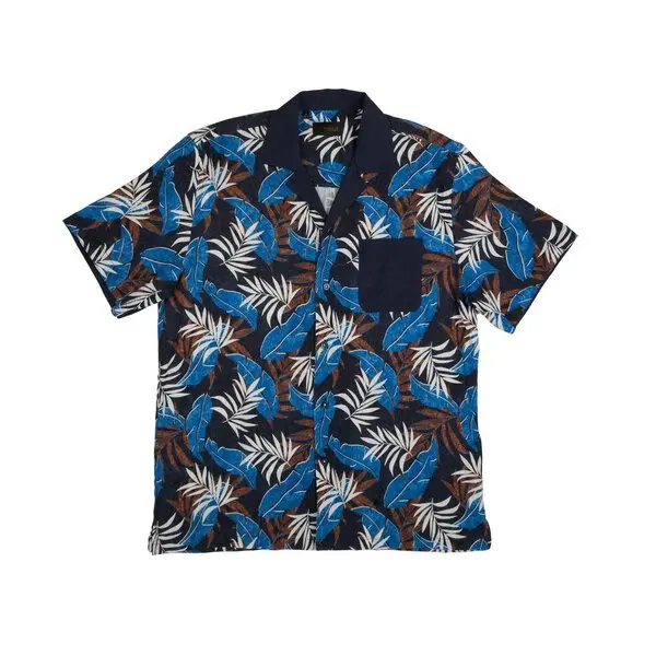 EIGHT X Leaves In The Night Relaxed Fit Linen Blend Short Sleeve Shirt - Blue