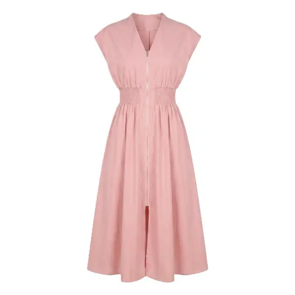 MODENAIRE Zip Front Midi Dress Refined Silhouette - Pink
