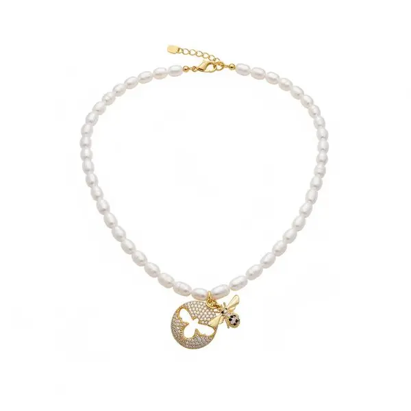 ANGEL BAROCCO Seeds Pearl Choker Necklace With Bee Pendant - Gold