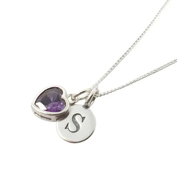 HARFI Mini Initial And Heart Amethyst February Birthstone Charm Sterling Necklace - Silver