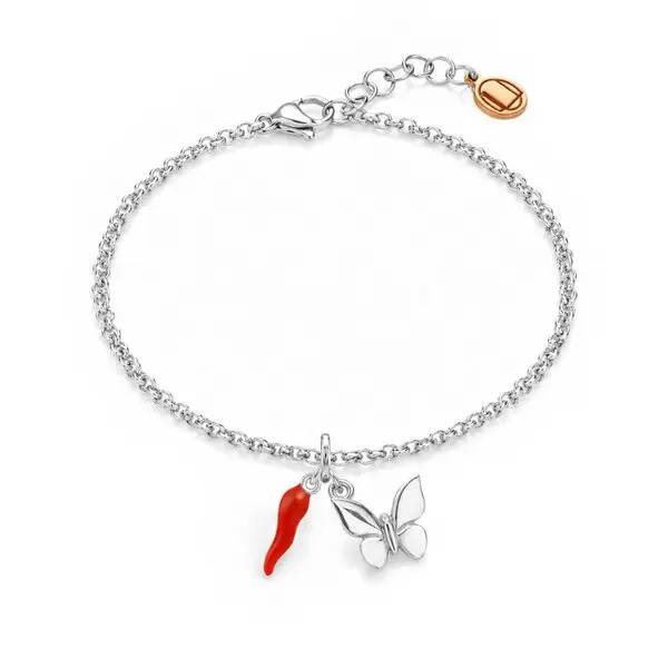 UNALOE Sterling Cornicello & Butterfly – Red Enamel Italian Good Luck Jewelry, Handmade Lucky Talisman - Silver