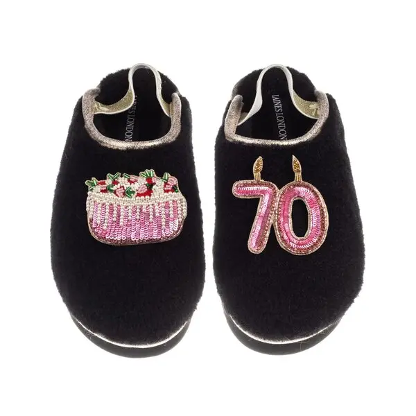 LAINES LONDON Black / Gold Flatform Cloud Closed Toe Slippers With 70th Birthday & Cake Brooches Black - Black/gold
