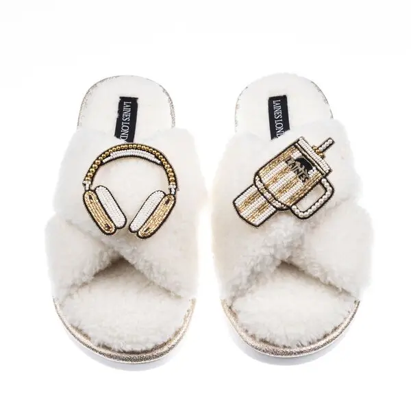 LAINES LONDON Neutrals / Laines Neutral Boucle Slippers With Headphones & Quencher Brooches Cream - White